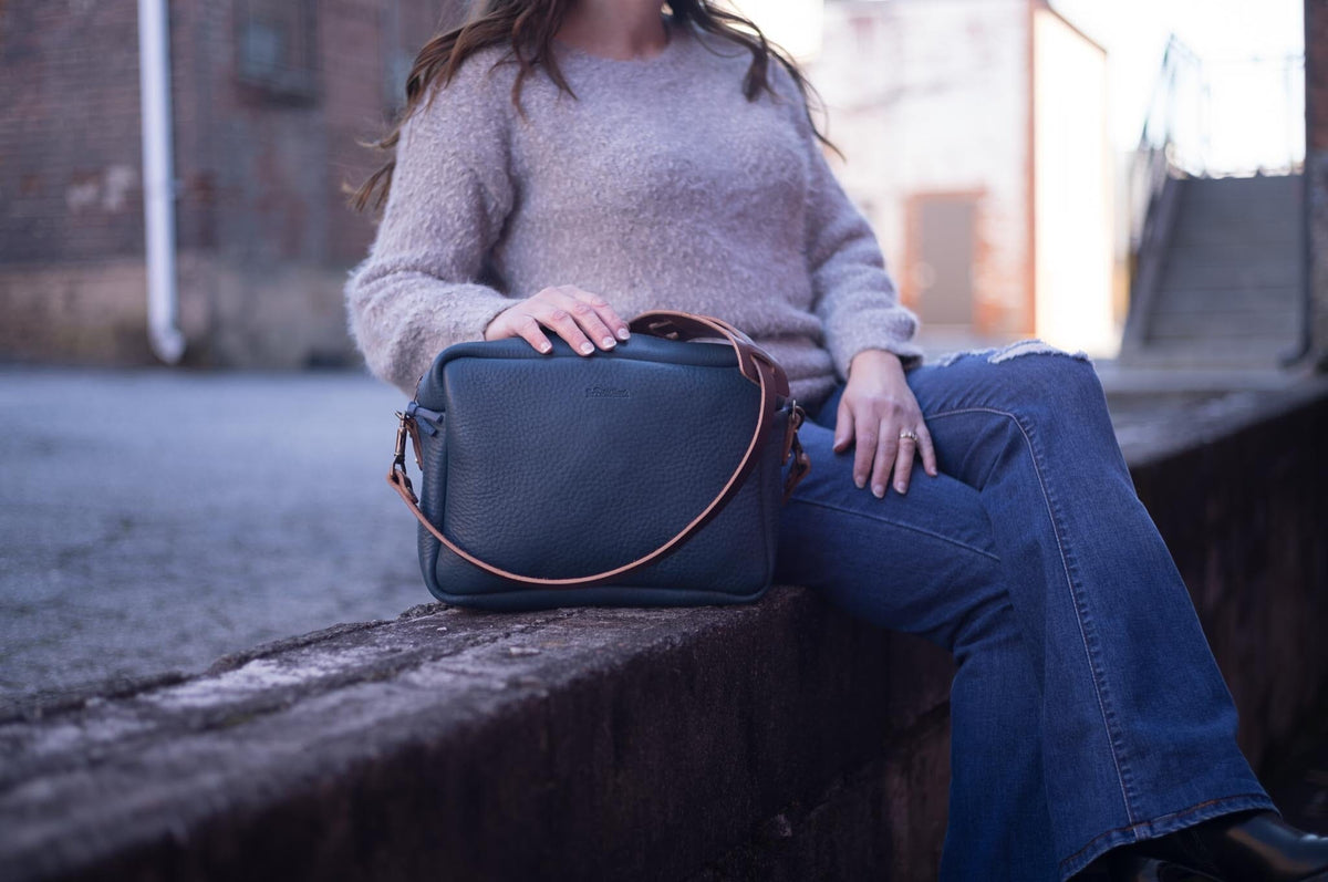 SARAH LEATHER CROSSBODY - LARGE - SMOKEY BLUE - Go Forth Goods